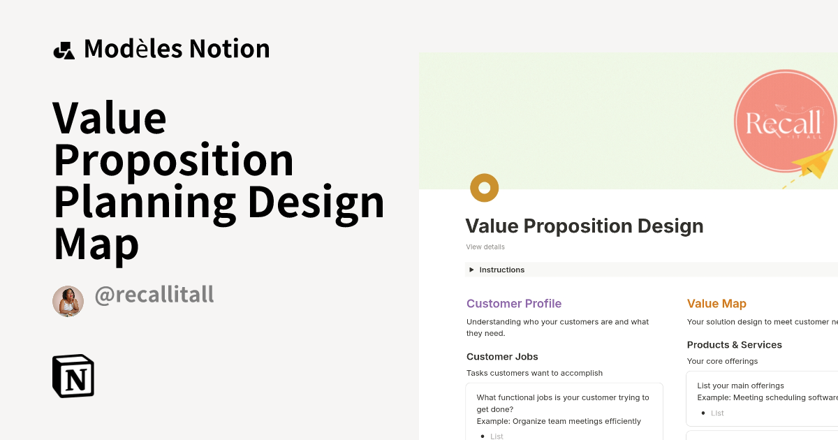 Value Proposition Planning Design Map | Modèle créé par Recall It All | Marketplace Notion