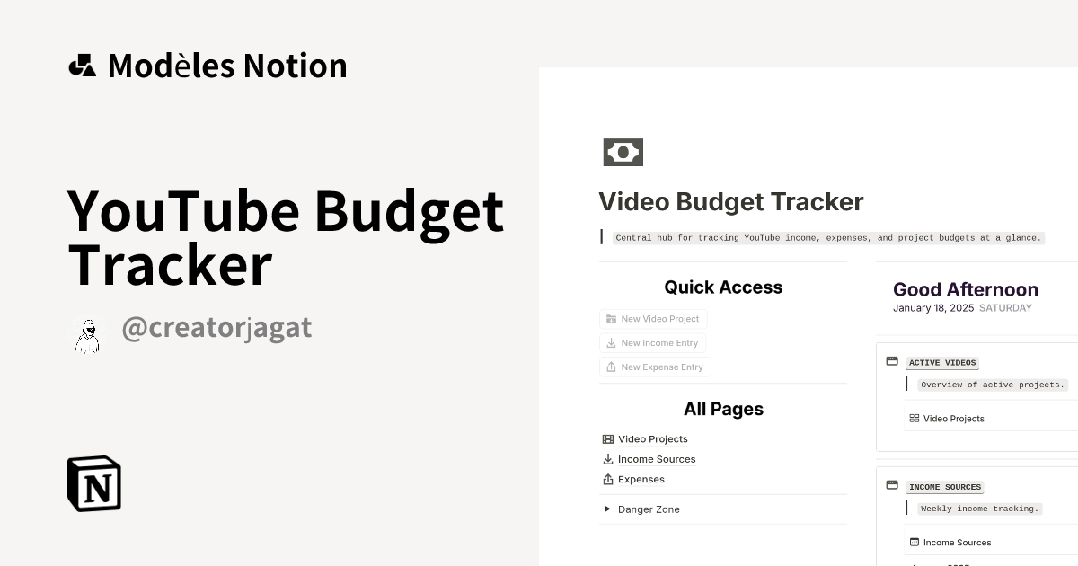 YouTube Budget Tracker | Modèle créé par CreatorJagat | Marketplace Notion