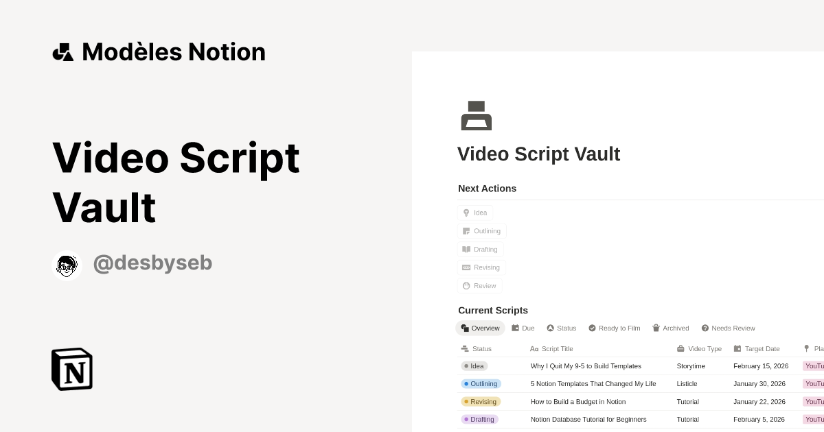 Video Script Vault | Modèle créé par desbyseb | Marketplace Notion