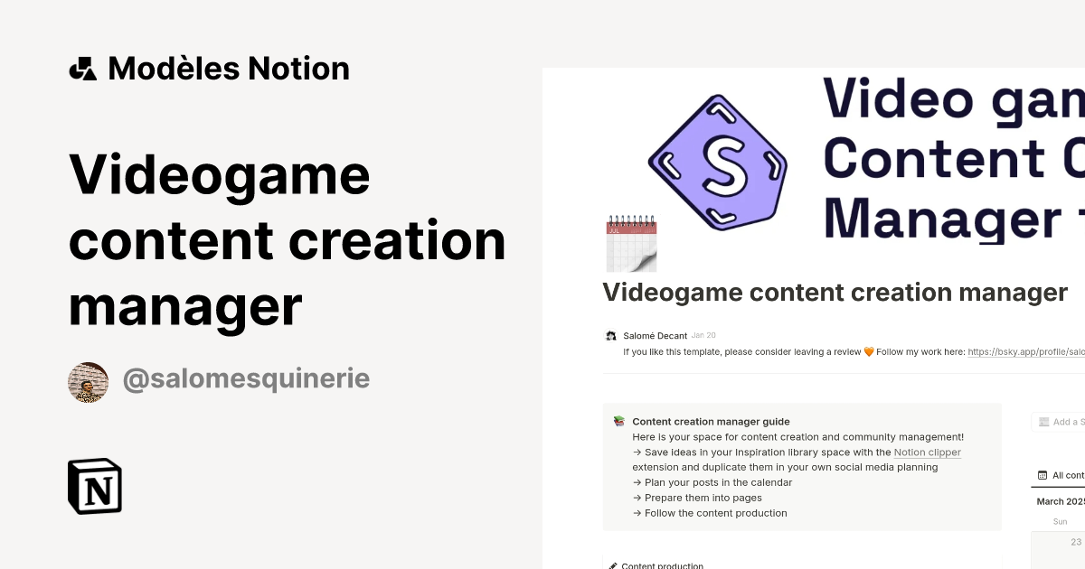Videogame content creation manager | Modèle créé par Salomé | Marketplace Notion