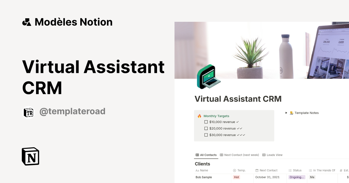 Virtual Assistant CRM | Modèle créé par Template Road | Marketplace Notion