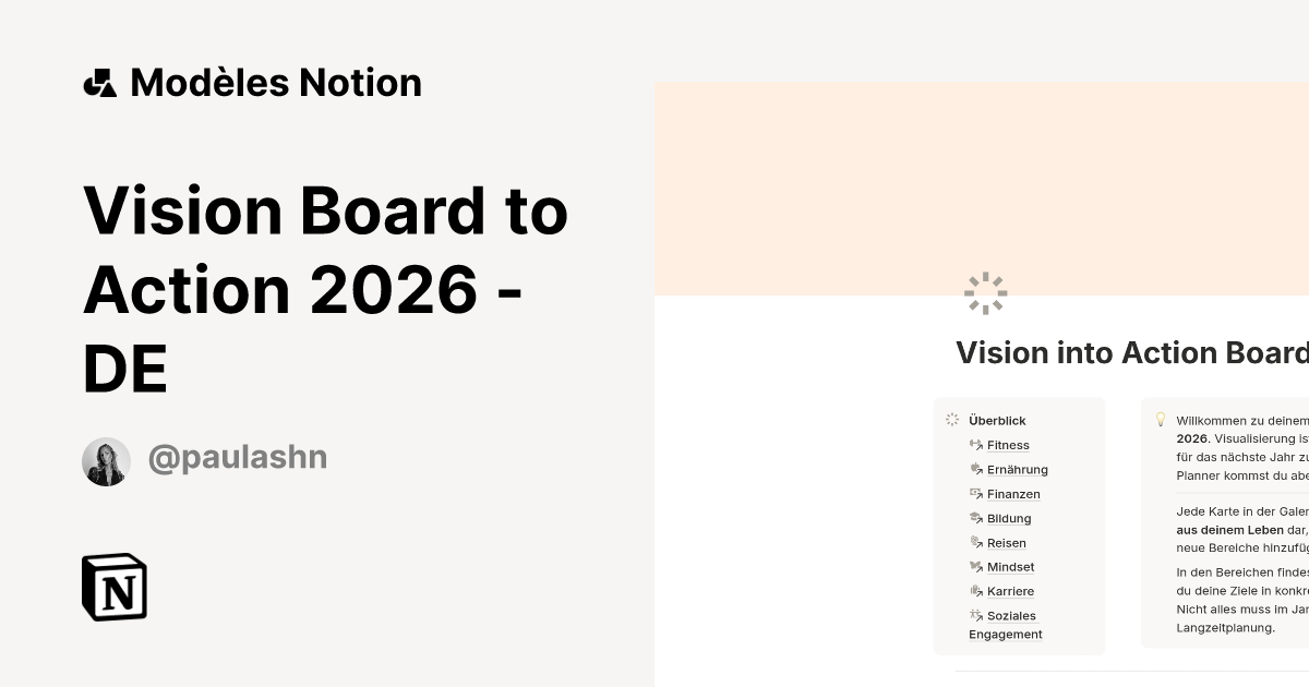 Vision Board to Action 2026 - DE | Modèle créé par Paula | Marketplace Notion