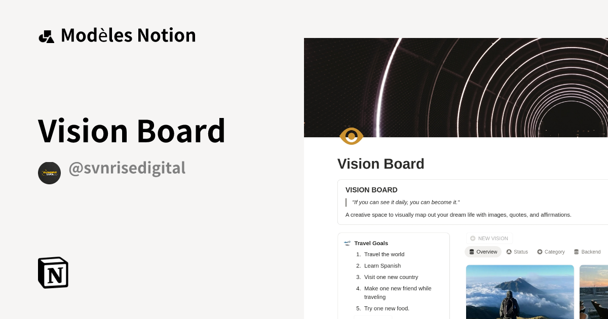 Vision Board | Modèle créé par Svnrise Digital | Marketplace Notion