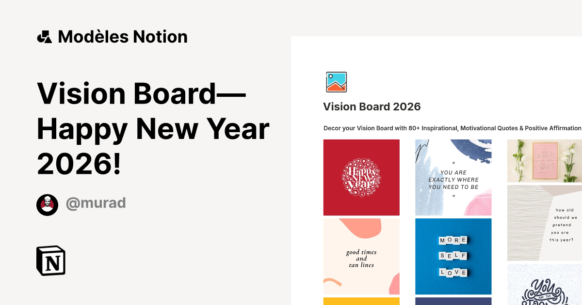 Modèle Vision Board— Happy New Year 2026! | Marketplace Notion