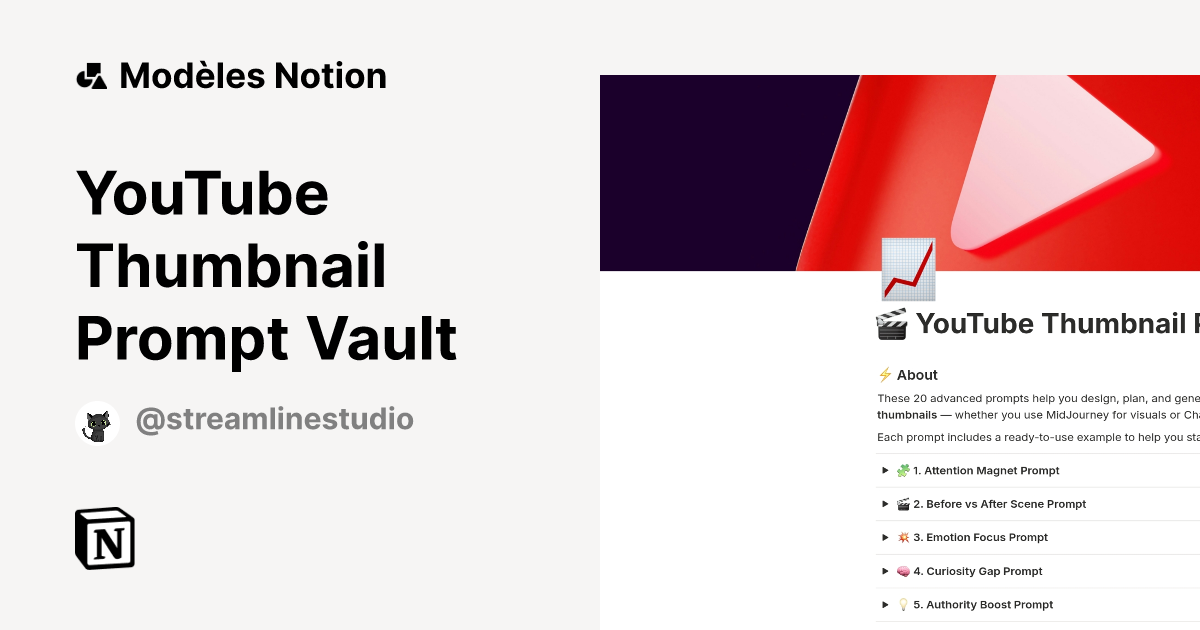 Modèle YouTube Thumbnail Prompt Vault | Marketplace Notion