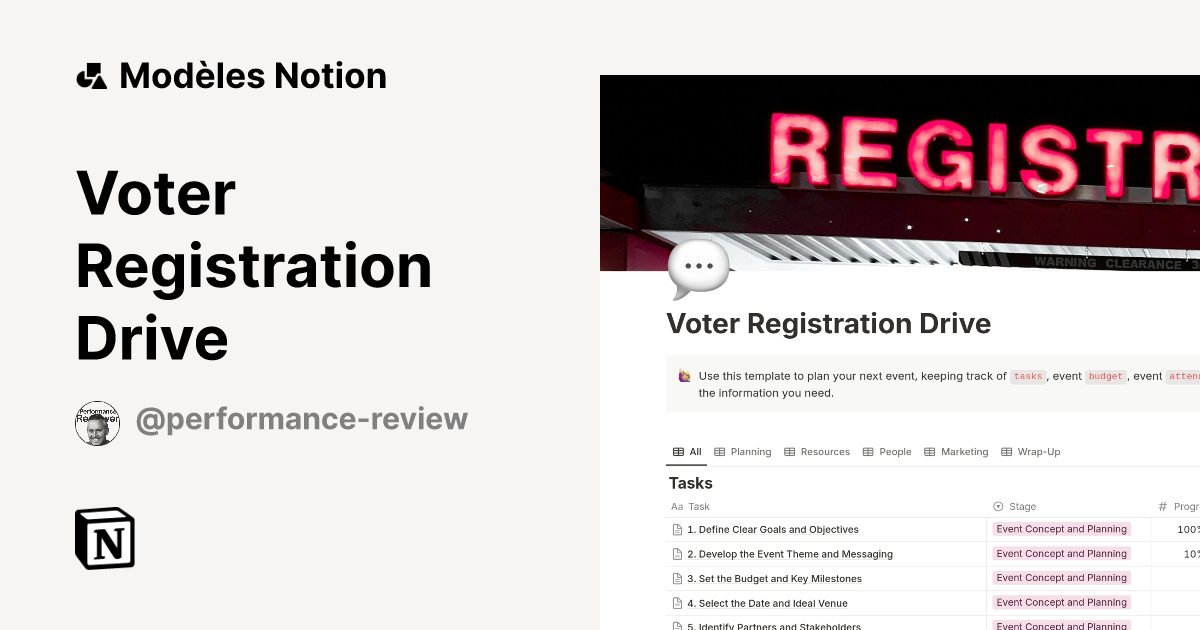 Modèle Voter Registration Drive | Marketplace Notion