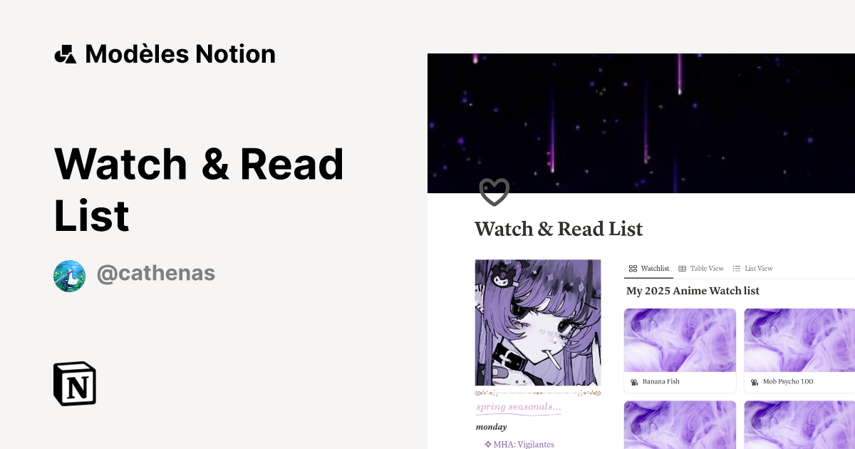 Watch & Read List | Modèle créé par cathenas | Marketplace Notion