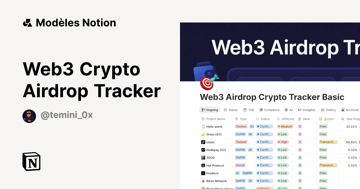 Web3 Airdrop Crypto Tracker | Modèle créé par Temini_0x | Marketplace Notion