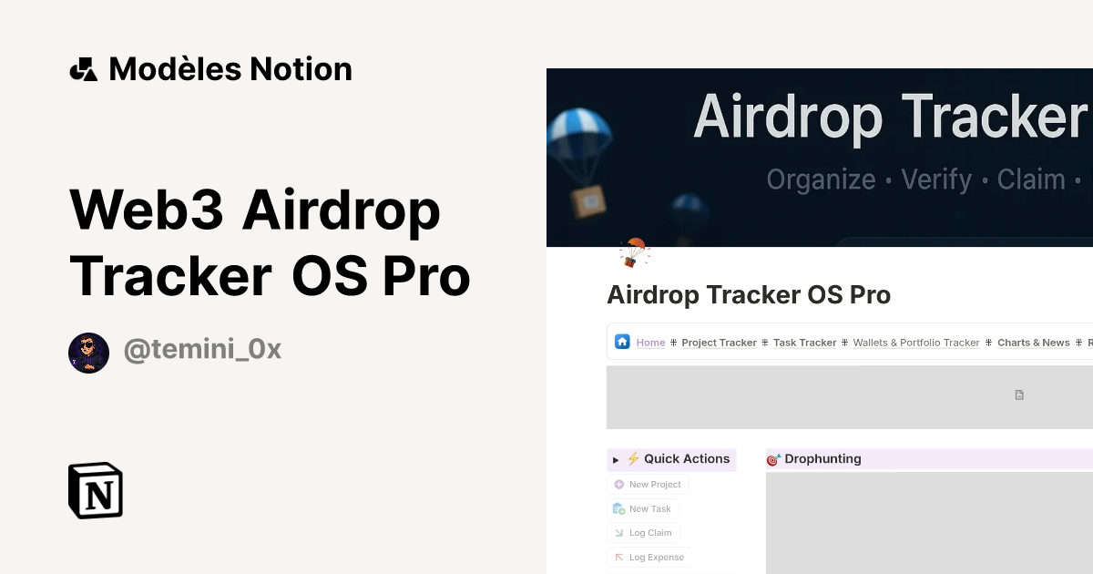 Web3 Airdrop Tracker OS Pro | Modèle créé par Temini_0x | Marketplace Notion