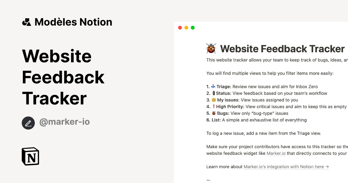 Website Feedback Tracker | Modèle créé par Marker.io | Marketplace Notion