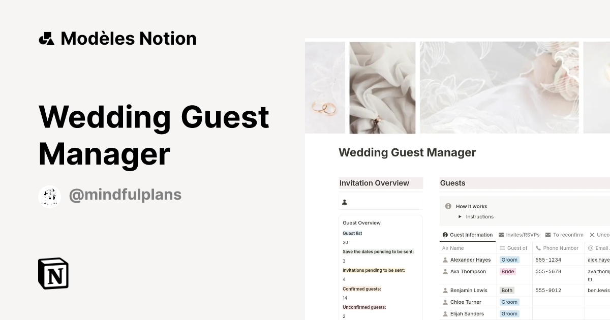 Wedding Guest Manager | Modèle créé par Mindfulplans | Marketplace Notion