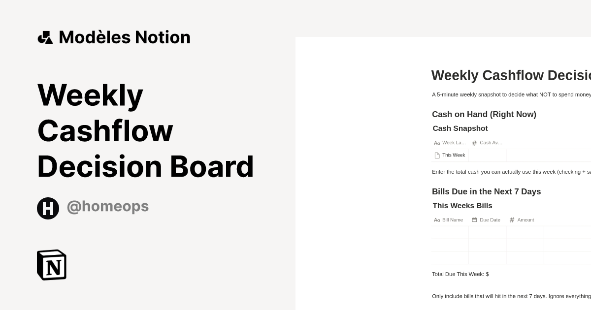 Modèle Weekly Cashflow Decision Board | Marketplace Notion