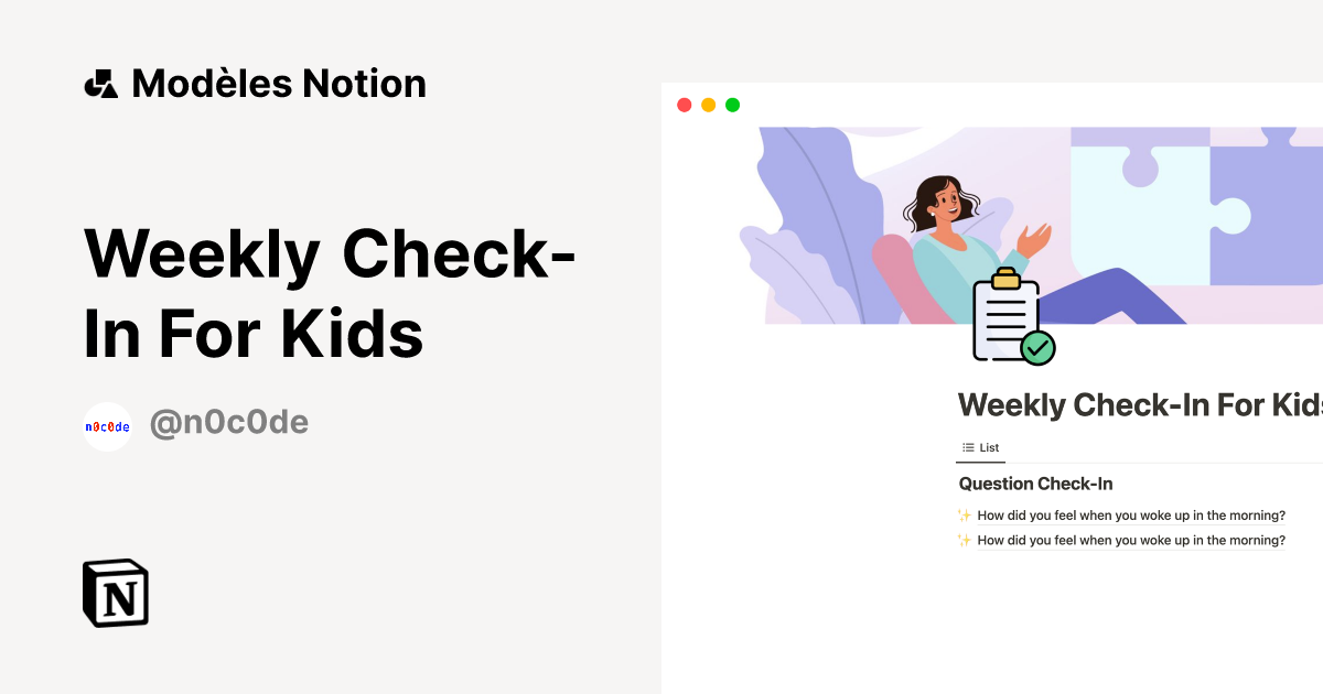 Weekly Check-In For Kids | Modèle créé par n0c0de | Marketplace Notion