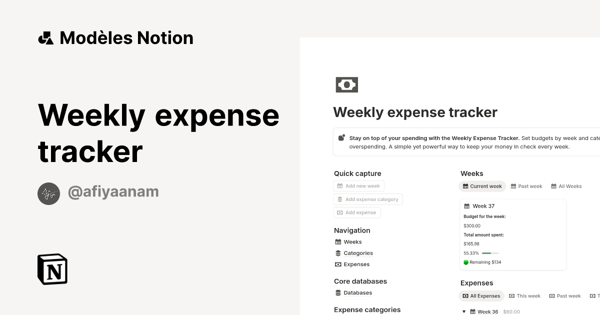 Weekly expense tracker | Modèle créé par Afiya | Marketplace Notion