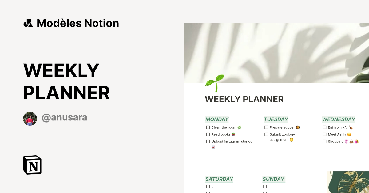 WEEKLY PLANNER | Modèle créé par Anusara | Marketplace Notion