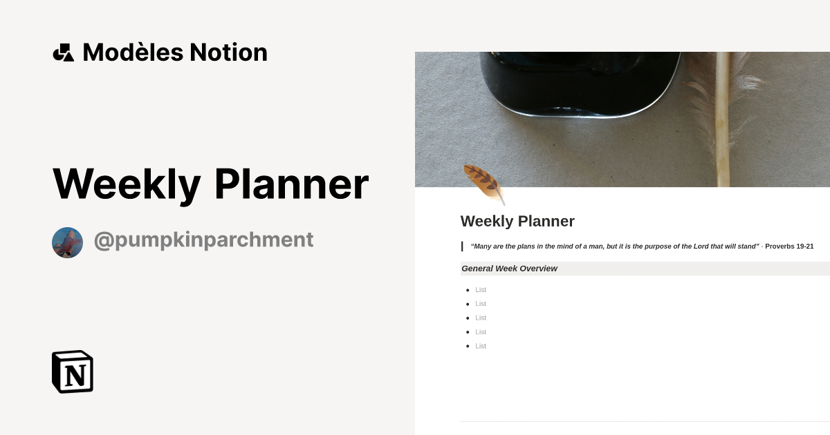 Weekly Planner | Modèle créé par Pumpkin Parchment | Marketplace Notion