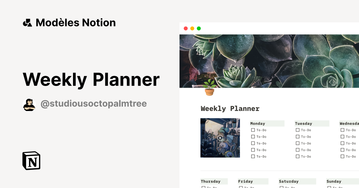 Weekly Planner | Modèle créé par studiousoctopalmtree | Marketplace Notion