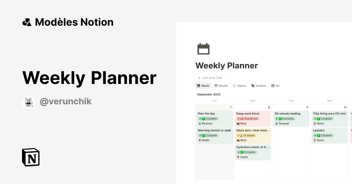 Weekly Planner | Modèle créé par Verunchik | Marketplace Notion