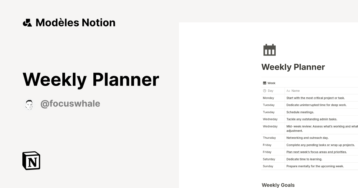 Weekly Planner | Modèle créé par FocusWhale | Marketplace Notion