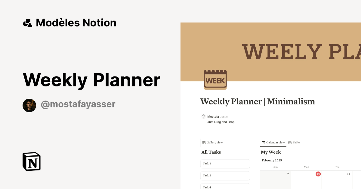 Weekly Planner | Modèle créé par Mostafa Yasser | Marketplace Notion