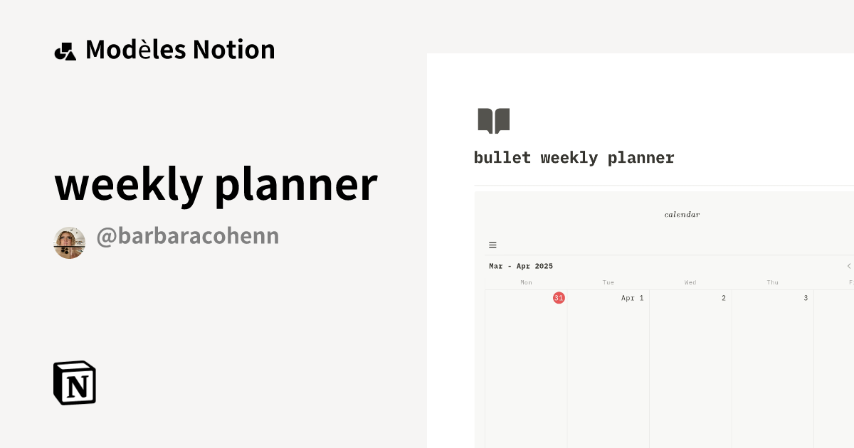 weekly planner | Modèle créé par Bárbara cohen | Marketplace Notion