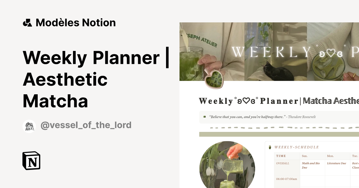 Modèle Weekly Planner | Aesthetic Matcha | Marketplace Notion