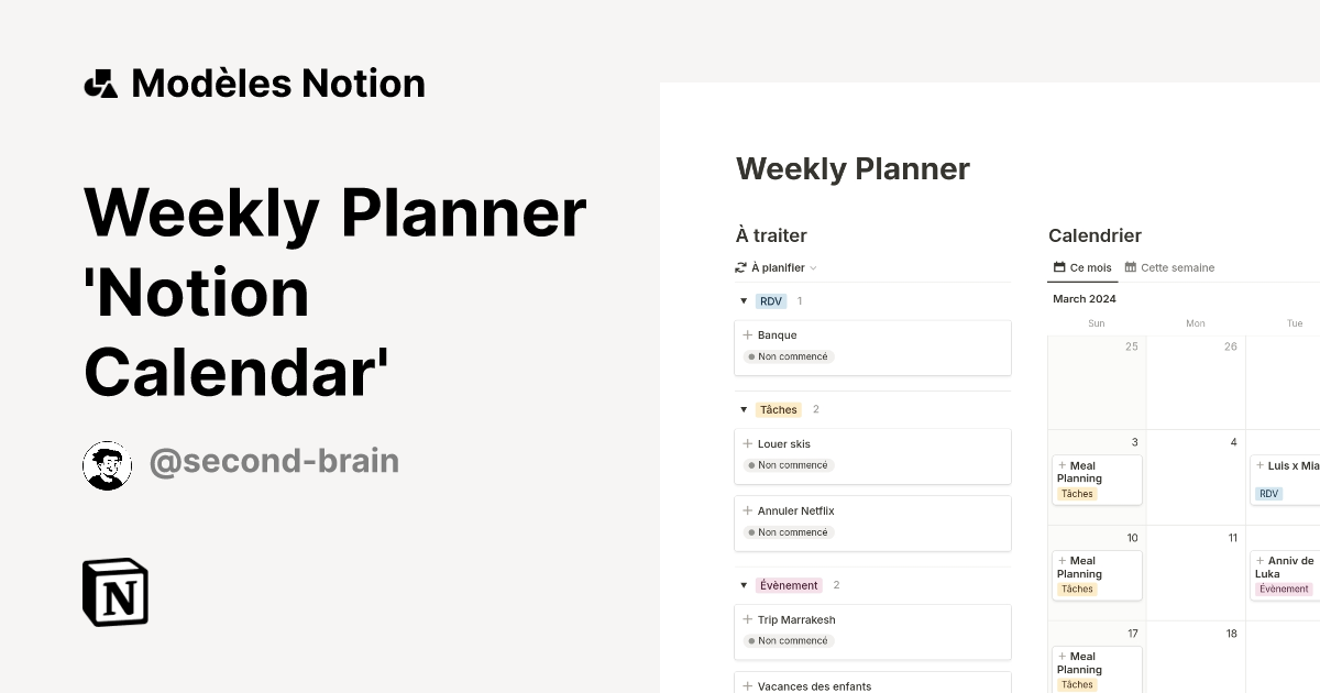 Weekly Planner 'Notion Calendar' | Modèle créé par Second Brain ...