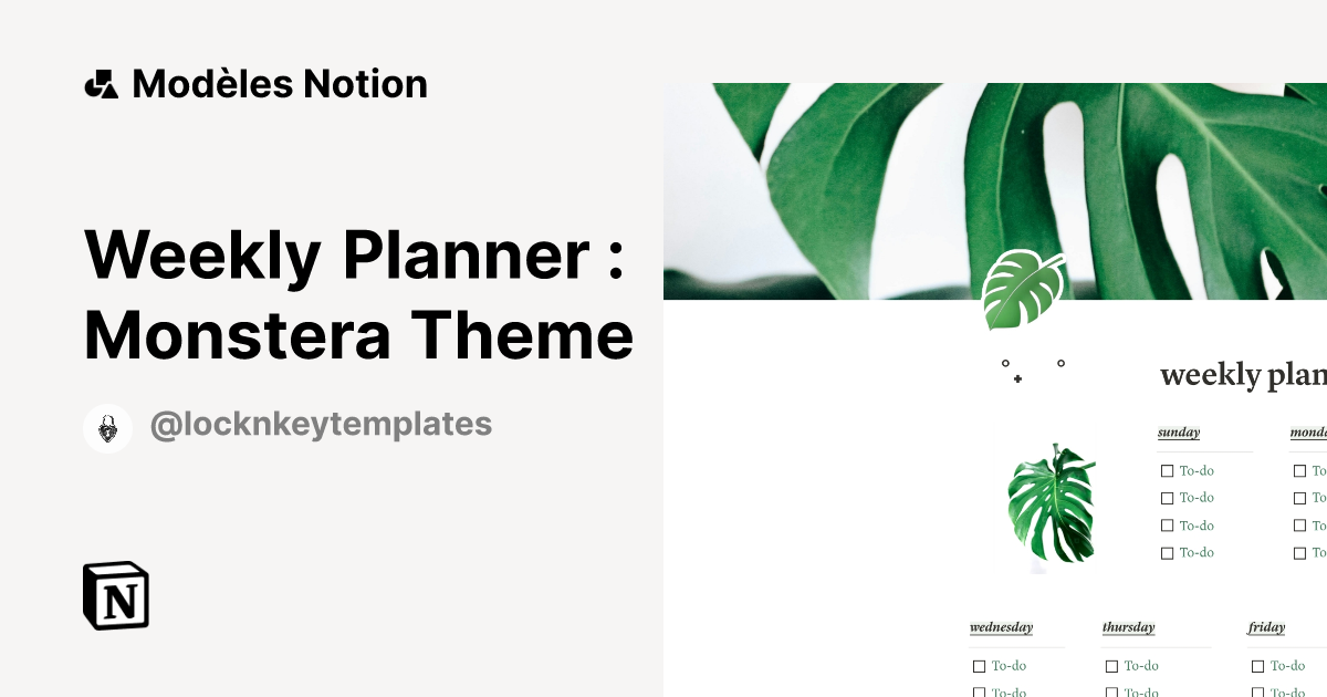 Modèle Weekly Planner : Monstera Theme | Marketplace Notion