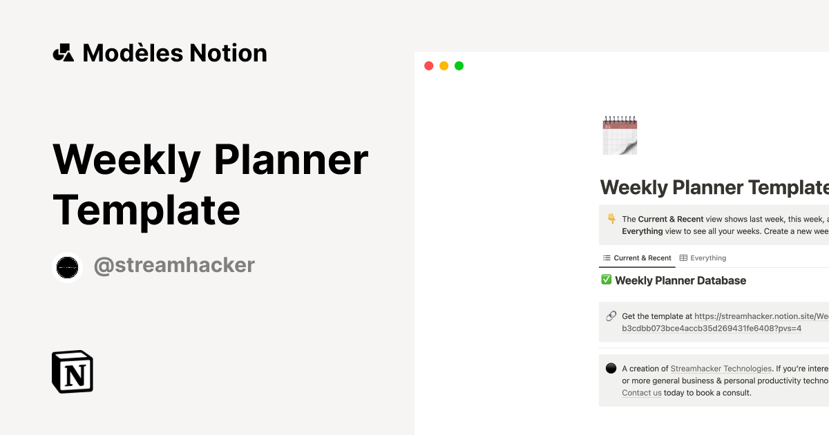 Modèle Weekly Planner Template | Marketplace Notion