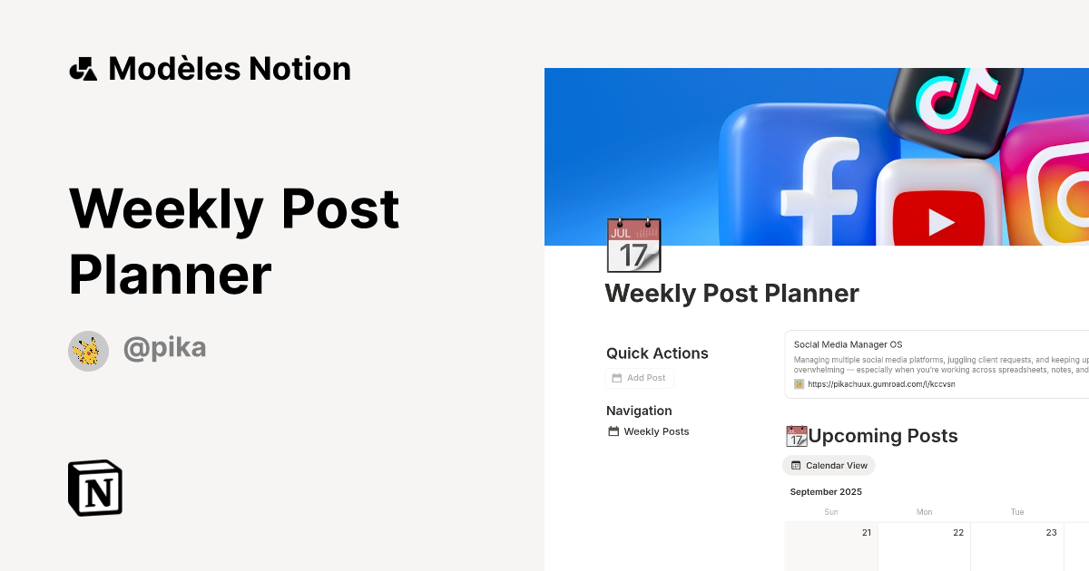 Weekly Post Planner | Modèle créé par Pika | Marketplace Notion