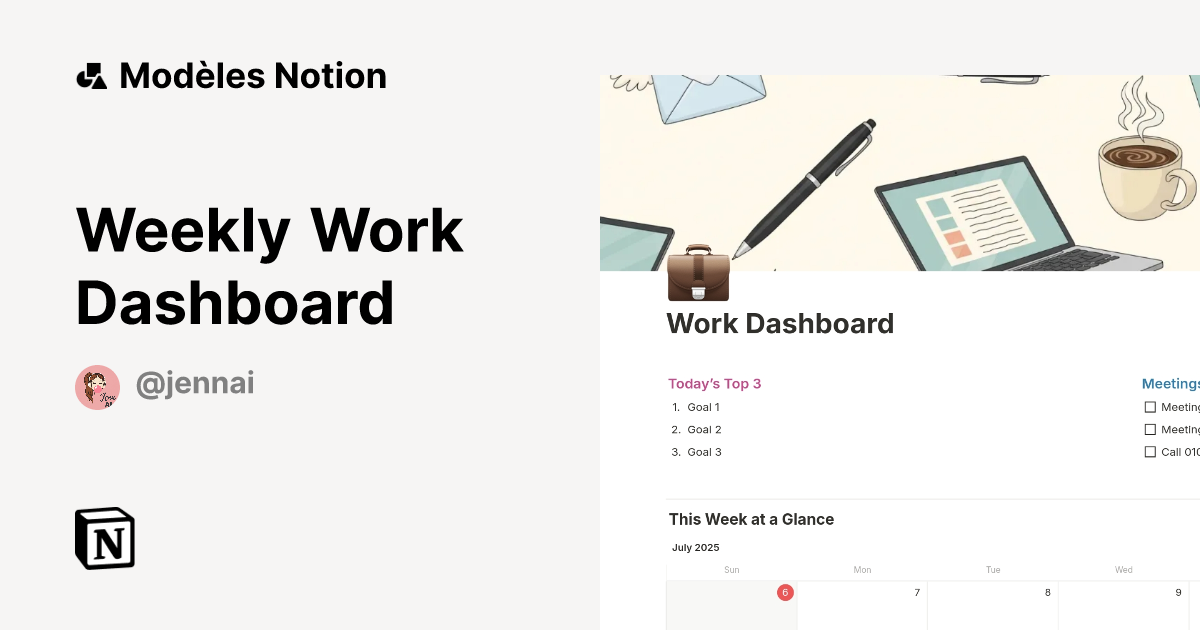 Modèle Weekly Work Dashboard | Marketplace Notion