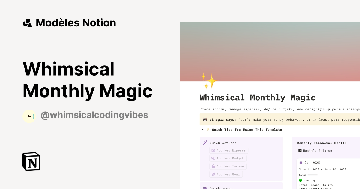 Whimsical Monthly Magic | Modèle créé par Whimsical Coding Vibes | Marketplace Notion
