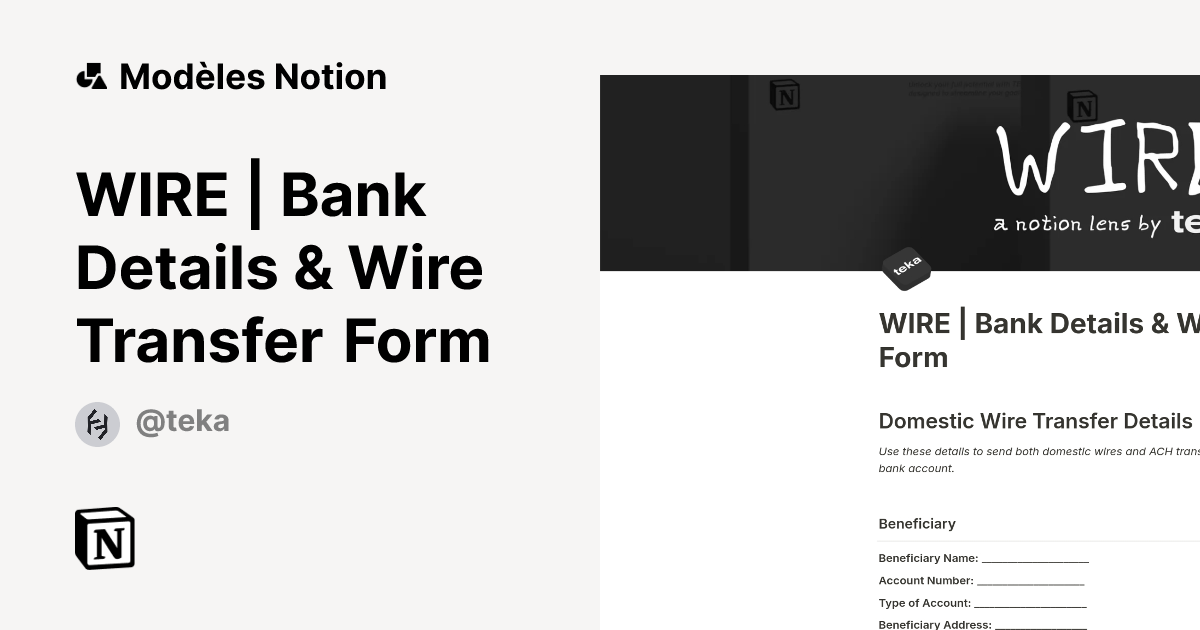 Modèle WIRE | Bank Details & Wire Transfer Form | Marketplace Notion