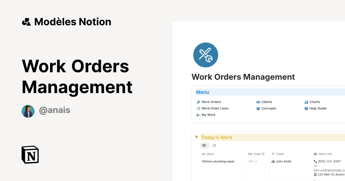 Modèle Work Orders Management | Marketplace Notion