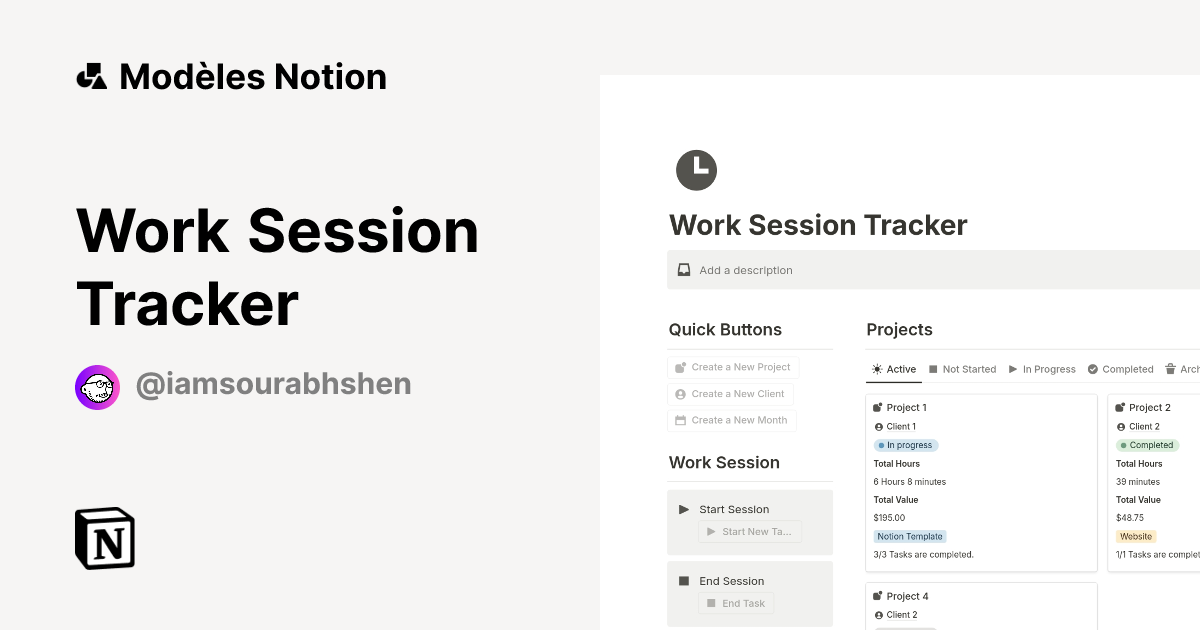 Work Session Tracker | Modèle créé par iamsourabhshen | Marketplace Notion