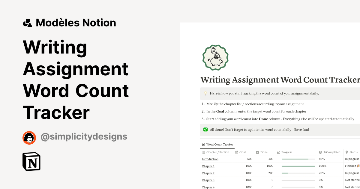 Modèle Writing Assignment Word Count Tracker | Marketplace Notion