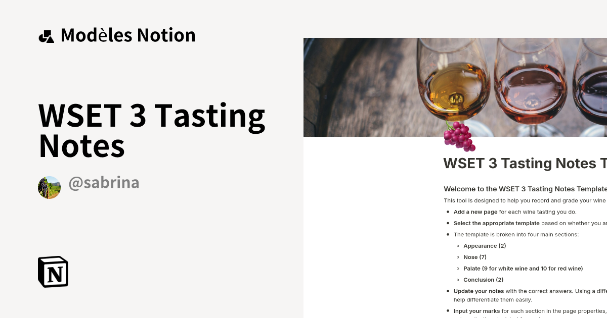 WSET 3 Tasting Notes | Modèle créé par Sabrina | Marketplace Notion