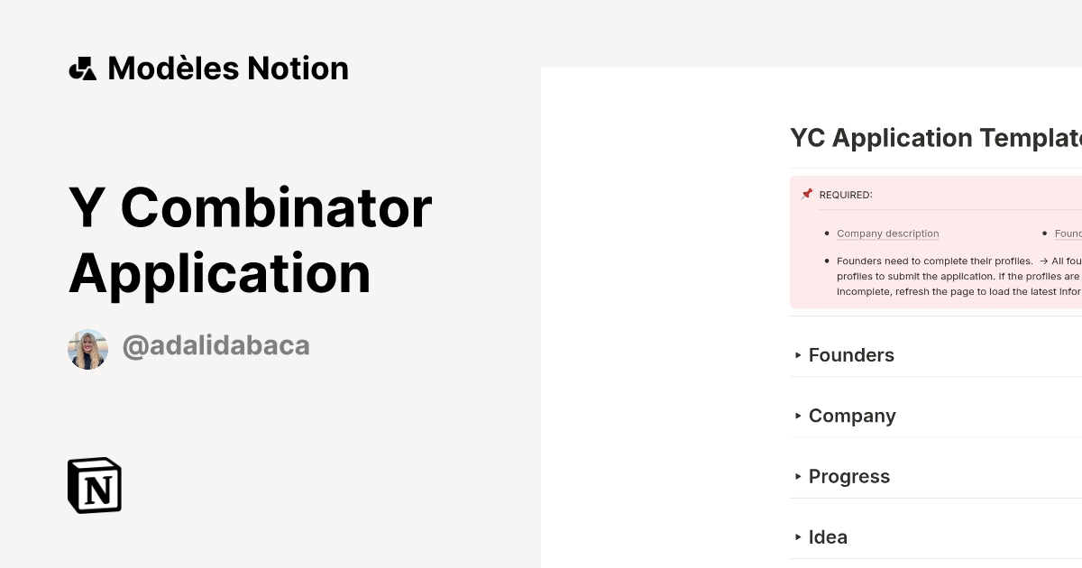 Y Combinator Application | Modèle créé par Adalida Baca | Marketplace Notion