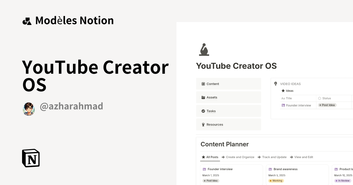YouTube Creator OS | Modèle créé par Azhar Ahmad | Marketplace Notion