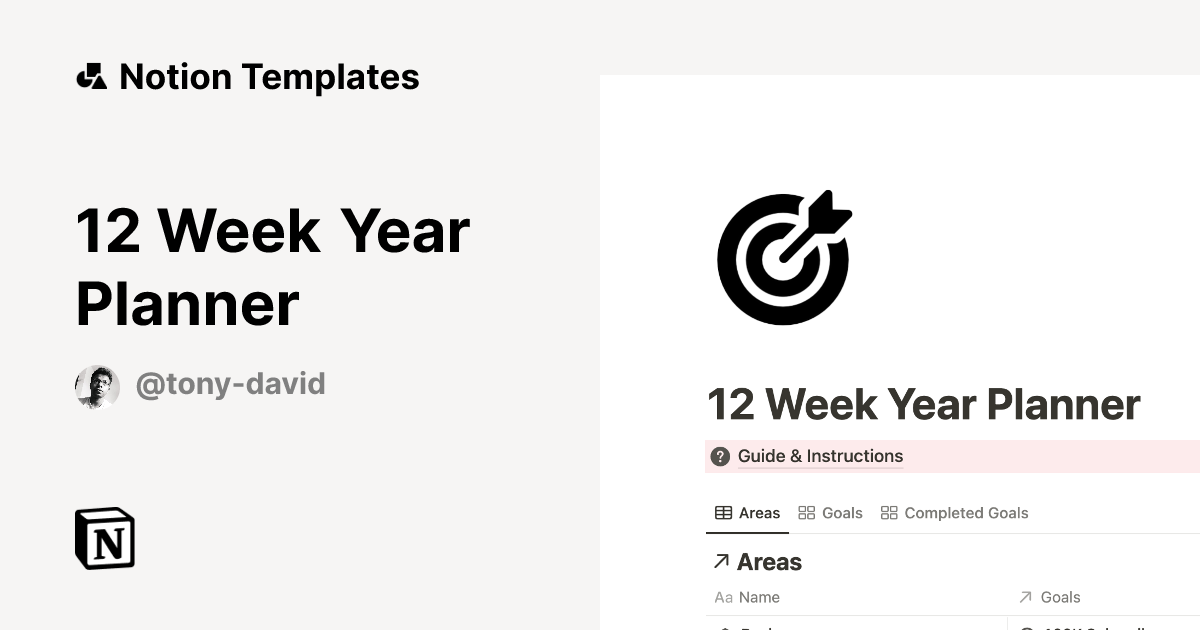 תבנית 12 Week Year Planner מאת Tony David | Marketplace של Notion