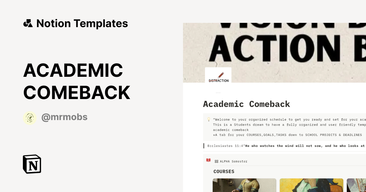 תבנית ACADEMIC COMEBACK מאת MrMOBS | Marketplace של Notion