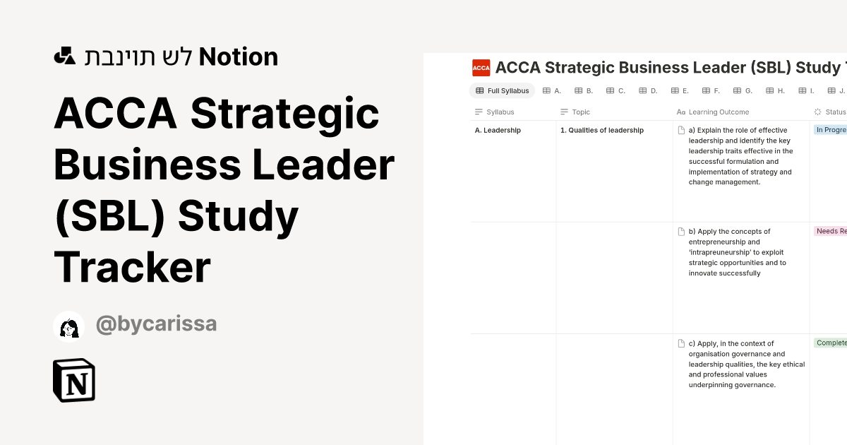 תבנית ACCA Strategic Business Leader (SBL) Study Tracker | Marketplace ...