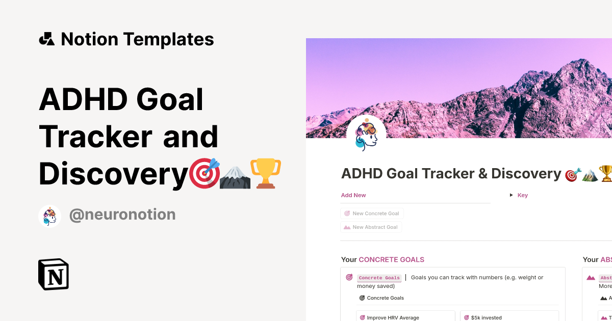 תבנית ADHD Goal Tracker and Discovery🎯🗻🏆 | Marketplace של Notion