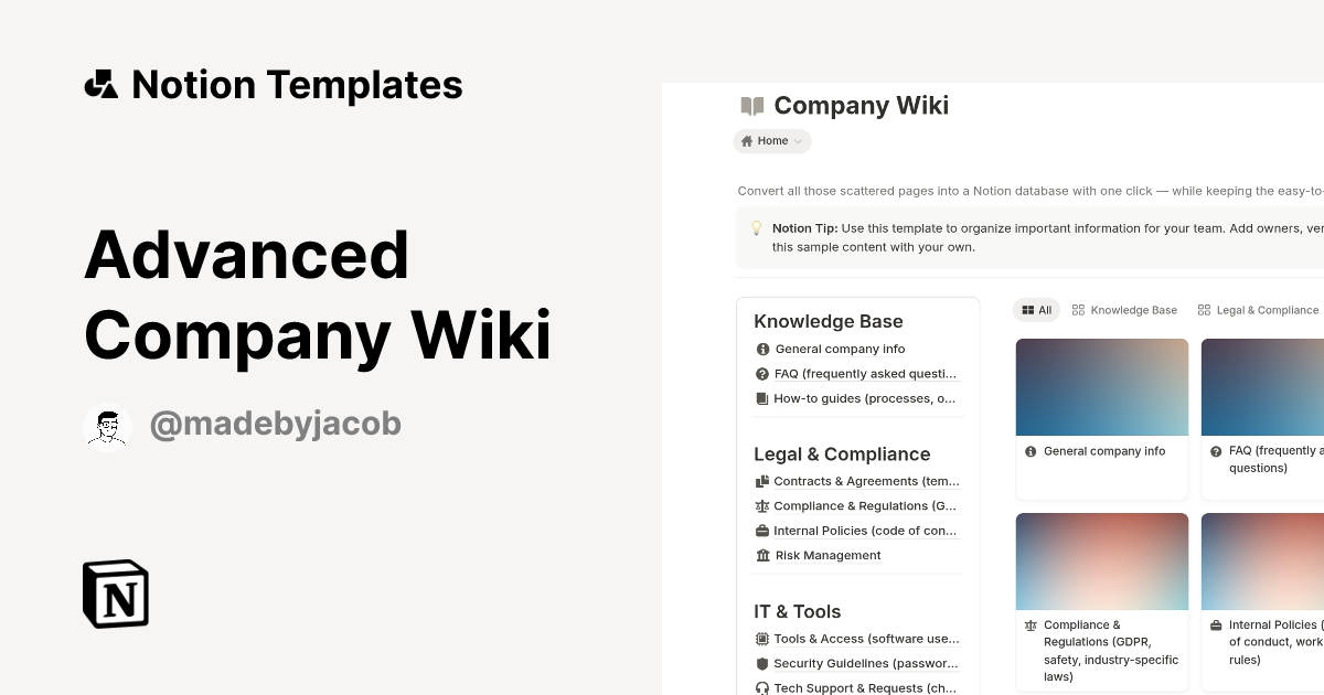 תבנית Advanced Company Wiki מאת Made by Jacob | Marketplace של Notion
