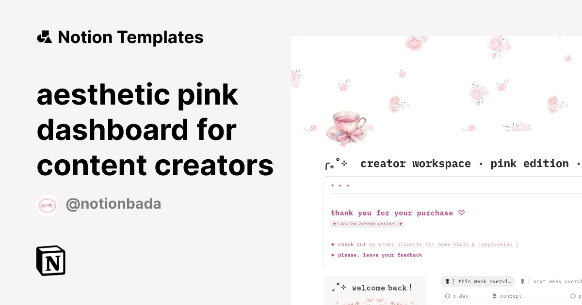תבנית aesthetic pink dashboard for content creators | Marketplace של Notion