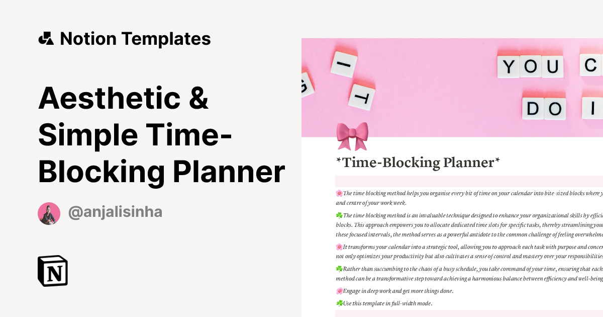 תבנית Aesthetic & Simple Time-Blocking Planner | Marketplace של Notion