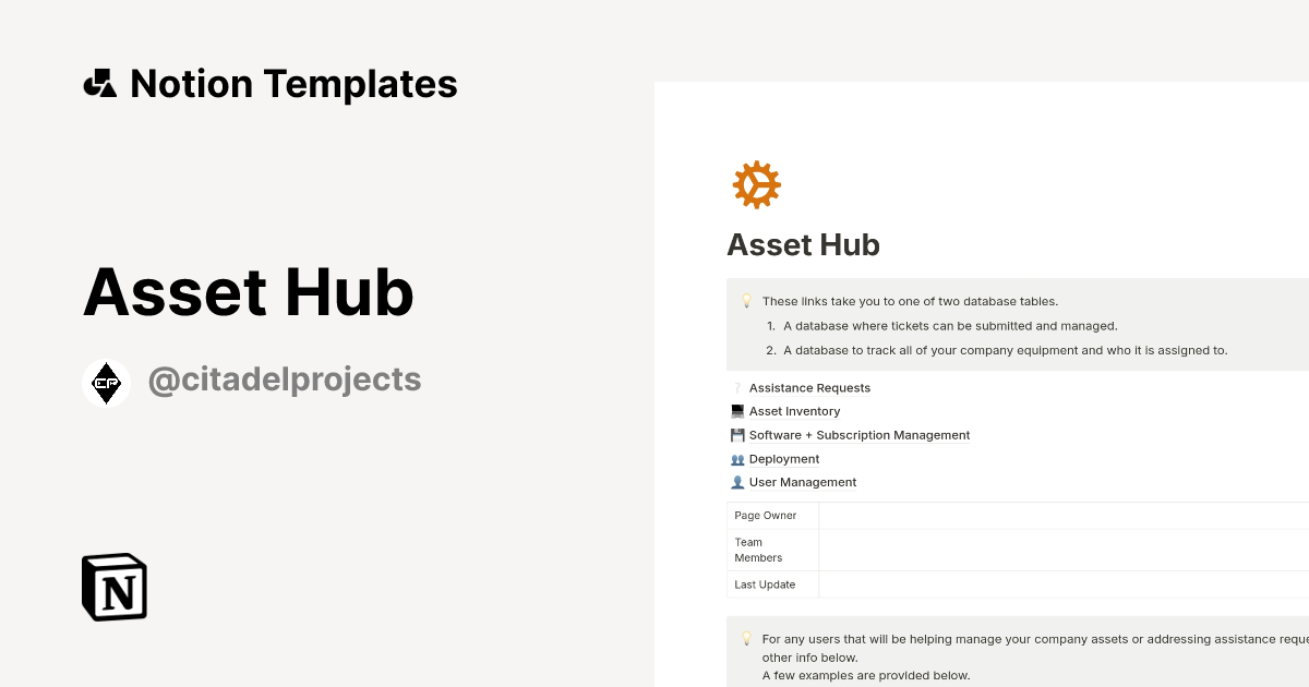 תבנית Asset Hub מאת Citadel Projects | Marketplace של Notion