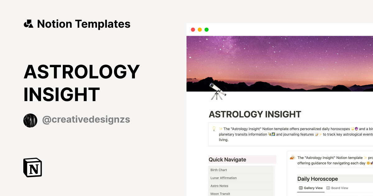 תבנית ASTROLOGY INSIGHT מאת Creative Designzs | Marketplace של Notion