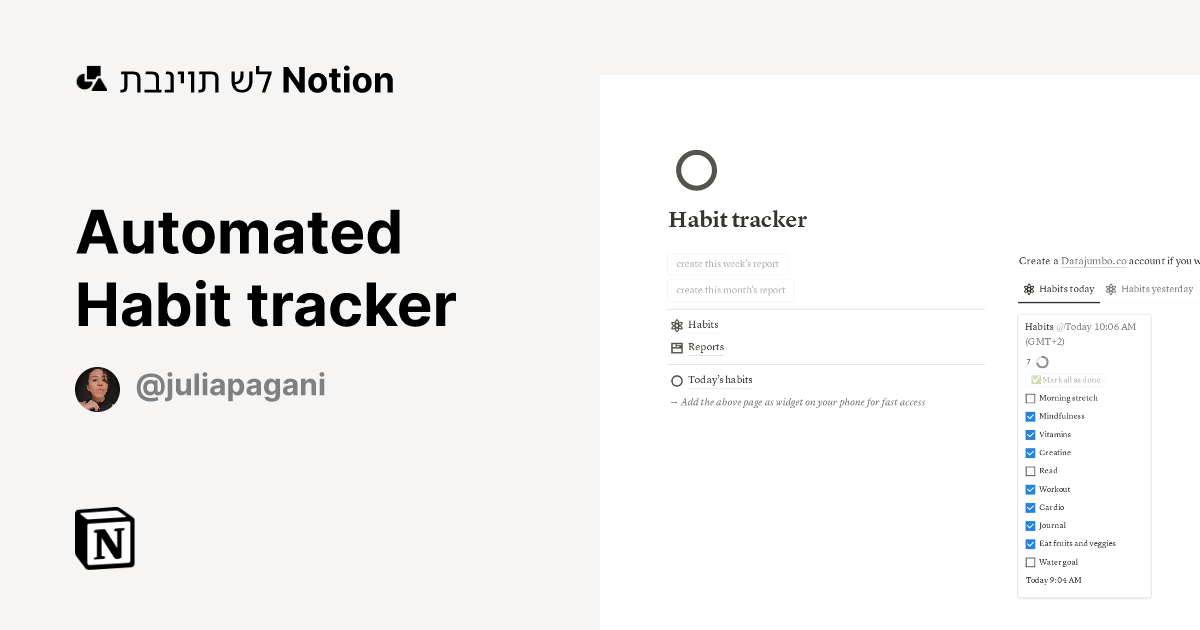 תבנית Automated Habit tracker מאת Julia Pagani | Marketplace של Notion
