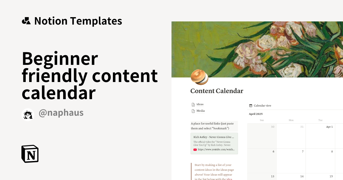 תבנית Beginner friendly content calendar | Marketplace של Notion